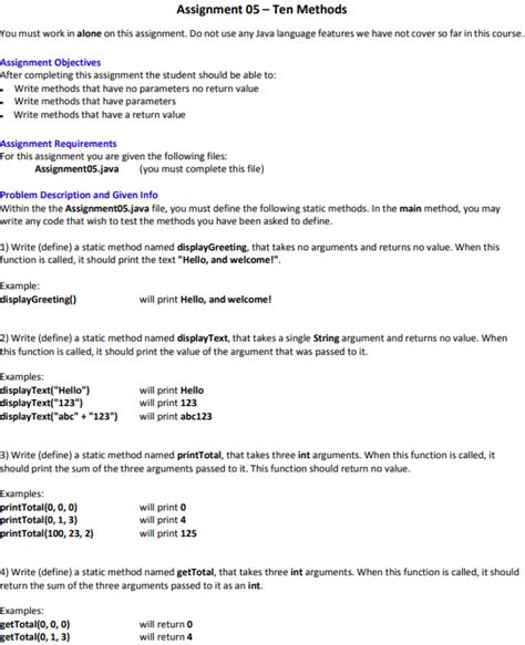 Solved Assignment 05 Ten Methods You Must Work In Alone On