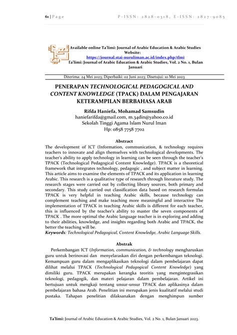 Pdf Penerapan Technological Pedagogical And Content Knowledge Tpack Dalam Pengajaran