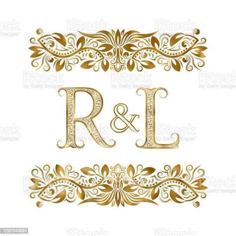 R 및 L 빈티지 이티클 기호 문자는 장식 요소로 둘러싸여 있습니다 결혼식 또는 비즈니스 파트너 로얄 스타일의 모노그램 결혼식에 대한 스톡 벡터 아트 및 기타 이미지