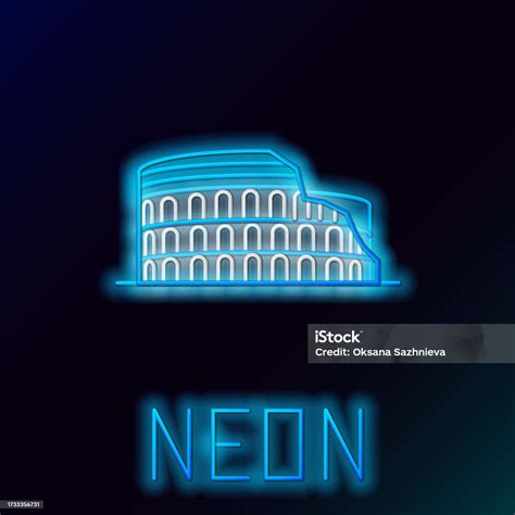 파랗게 빛나는 네온 라인 콜로세움 이탈리아 로마의 아이콘은 검은 배경에 격리되어 있습니다 콜로세움 기호입니다 고대 로마의 상징 검투사 싸움 다채로운 개요 개념입니다 벡터