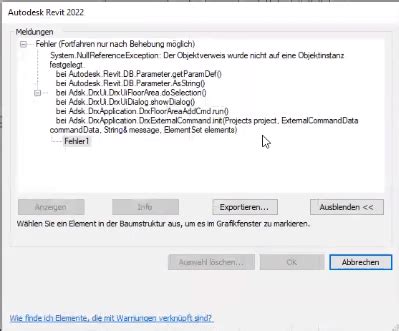 在Roombook中以德语编辑Revit中的施工楼层面积时出现错误System NullReferenceException
