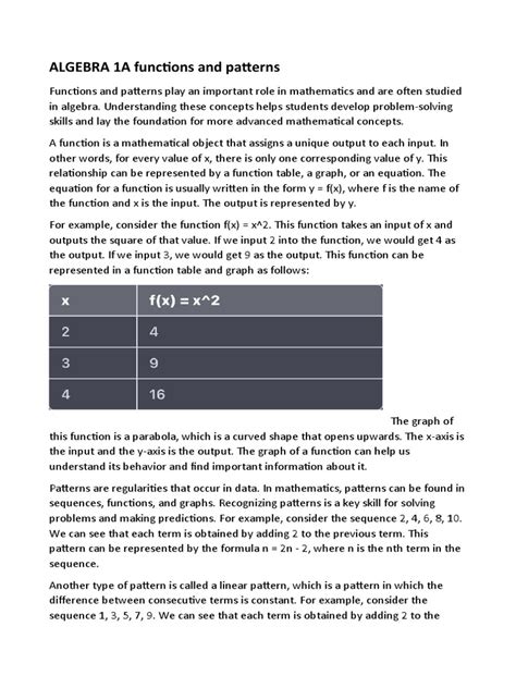 Algebra 1a Functions And Patterns Pdf Function Mathematics Equations