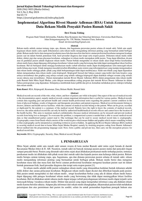 pdf implementasi algoritma rivest shamir adleman rsa untuk keamanan data rekam medik