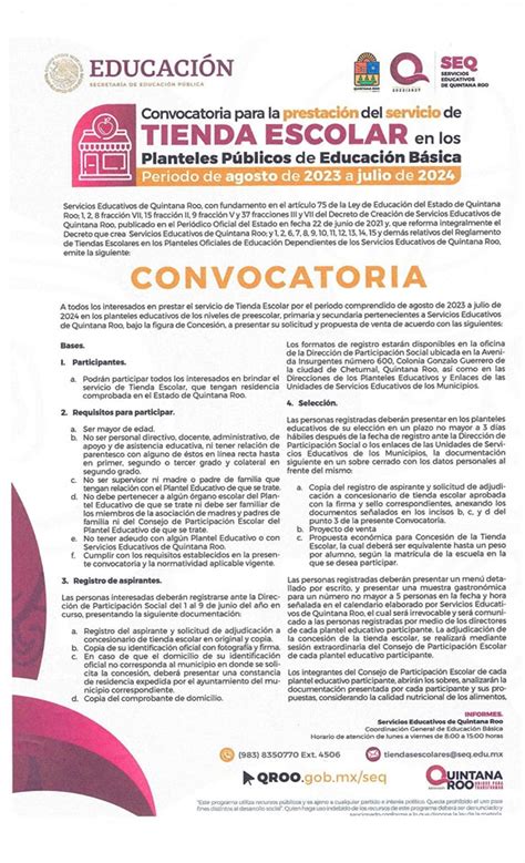 Convocatoria Para La Prestación Del Servicio De Tienda Escolar En Los