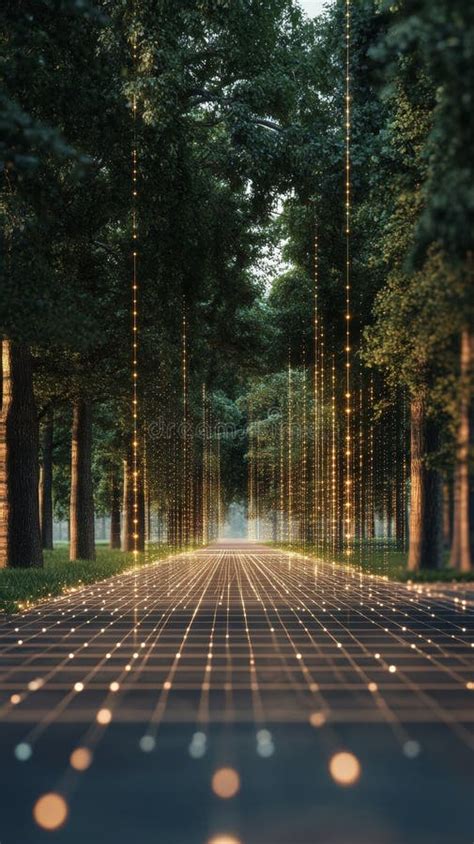 Connected Digital Space With Floating Nodes In An Empty Area Surrounded By Lush Green Trees