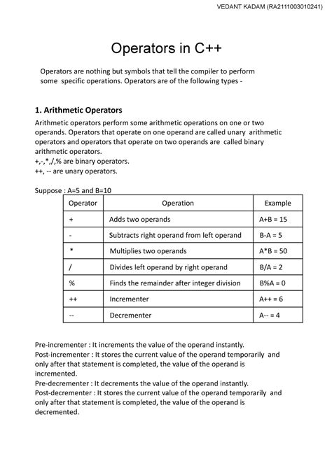 Operators In C Lecture Notes 11 13 Vedant Kadam Ra2111003010241