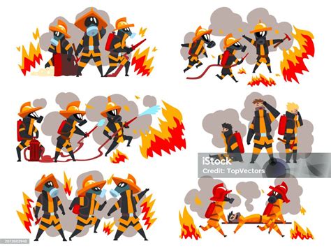 전문 소방관이 구조 장비로 화재를 진압합니다 제복과 헬멧을 쓴 소방관 캐릭터 행동 벡터에서 구조 응급 서비스 구조에 대한 스톡