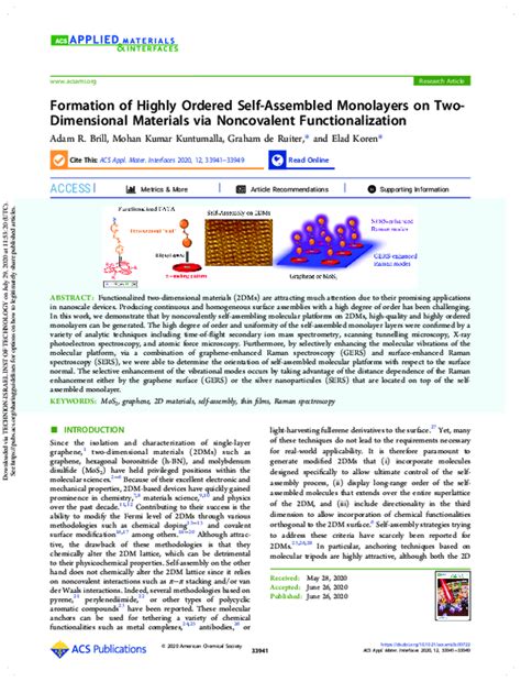 Pdf Formation Of Highly Ordered Self Assembled Monolayers On Two Dimensional Materials Via