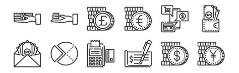 선형 뱅킹 및 머니 아이콘 12 세트 엔 체크 그래프 지불 방법 파운드 웹 모바일에 대한 돈을 얻을 같은 얇은 개요 아이콘 가격에 대한 스톡 벡터 아트 및 기타 이미지