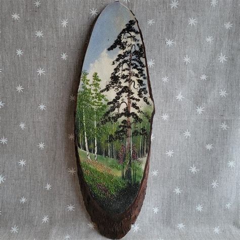 Картина панно з крихти самоцвітів пейзаж берези на спилі дерева