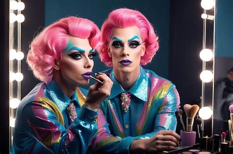 Transgender Drag Queen Doing Makeup At Mirror Premium Ai Generated Image