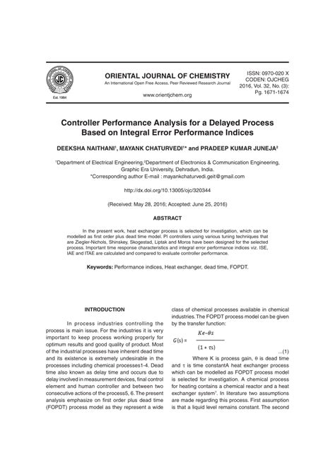 Pdf Controller Performance Analysis For A Delayed Process Based On