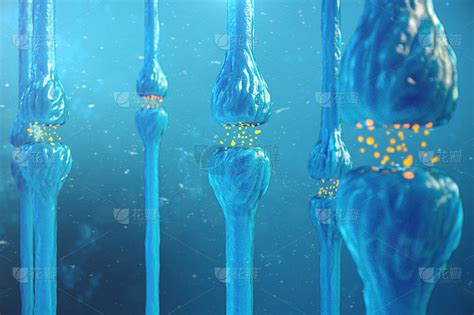 突触传递，人类的神经系统。大脑神经突触。传递突触，信号，大脑中的脉冲，细胞或原子层面的信息传递。三维