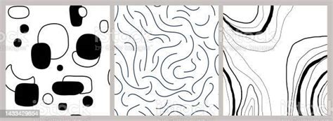 추상적인 이음새가 없는 패턴 흑백 세트 선 기하학적 부드러운 모양과 반점 흰색 배경에 검은 색 윤곽선 벽지 종이 Fabriс에 인쇄하기위한 간단한 벡터 일러스트 레이 션 0