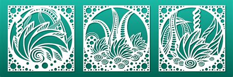 장식 패널 레이저 Cnc 컷 스텐실 종이 컷 벽 예술 코스터 객실 개인 정보 보호 화면 가정 인테리어 디자인 타일 수중 세계 조개 잡초와 암초 벡터 일러스트레이션 Cnc