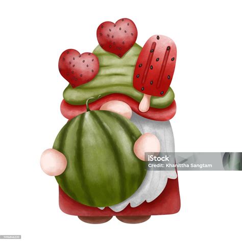 수박 심장 아이스크림이 있는 수채화 귀여운 그놈 흰색 배경에 분리된 수채화 여름 그림 계절에 대한 스톡 벡터 아트 및 기타 이미지 Istock