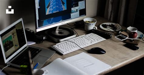 갈색 나무 테이블에 블랙 평면 스크린 컴퓨터 모니터 사진 Unsplash의 무료 워크스테이션 이미지