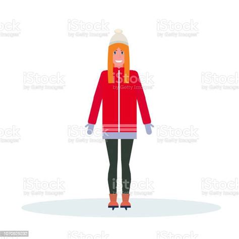 겨울 옷 여자 여성 만화 캐릭터 전체 길이 플랫 절연 스케이트를 착용 하는 여자 스케이팅 개념에 대한 스톡 벡터 아트 및 기타