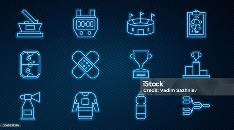 세트 라인 챔피언십 토너먼트 대진표 스포츠 우승자 연단 경기장 교차 붕대 석고 에어 하키 테이블 아이스 컵 챔피언 상 및 스톱워치 아이콘에 하키 벡터 Championship