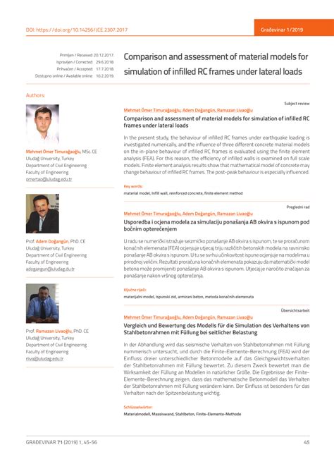 Pdf Comparison And Assessment Of Material Models For Simulation Of Infilled Rc Frames Under