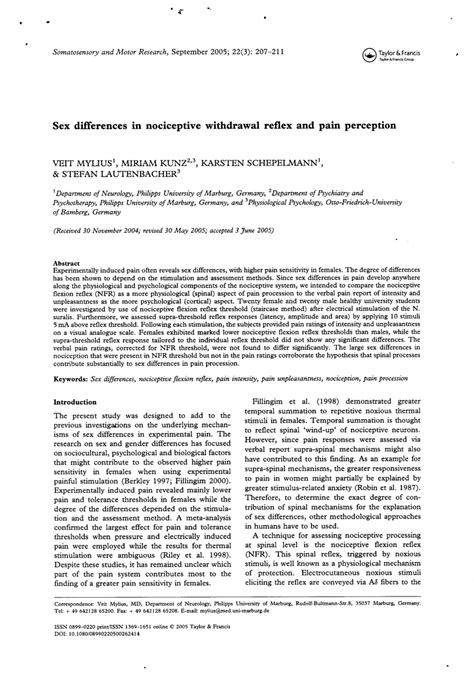 Pdf Sex Differences In Nociceptive Withdrawal Reflex And Pain Perception