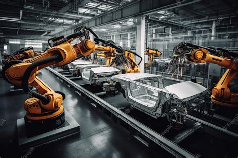 Premium Ai Image Automated Robot Arm Assembly Line Producing High Tech Electric Vehicles