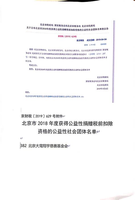 北京大鸾翔宇慈善基金会2018年度获得公益性捐赠税前扣除资格的公告大鸾翔宇慈善基金会官方网站