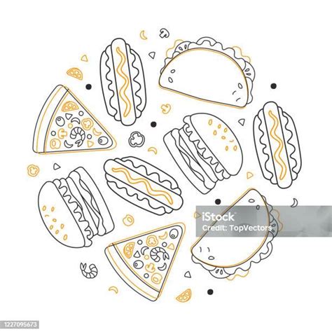 패스트 푸드 배너 템플릿 정크 푸드 Od 둥근 모양 레스토랑 또는 카페 메뉴 디자인 선형 벡터 일러스트 그리기에 대한 스톡 벡터 아트 및 기타 이미지 Istock