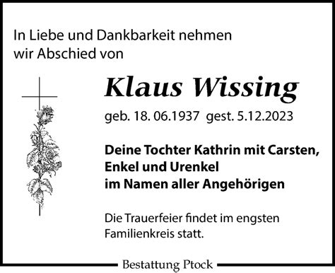 Traueranzeigen Von Klaus Wissing Trauer Anzeigen De