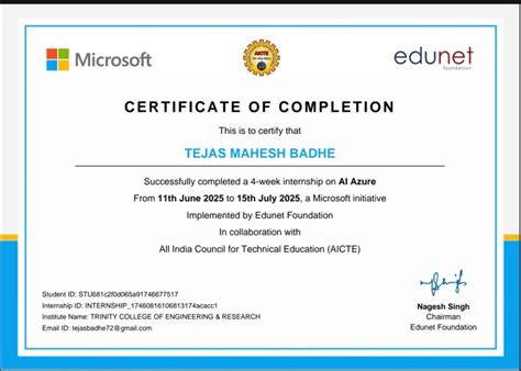 Microsoft Ai Azure Internship Aionazure Cloudcomputing Learning Edunet Tejas Badhe