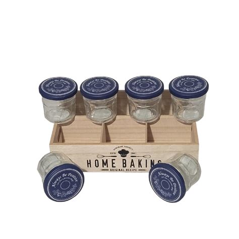 Комплект от 6 стъклени съда за подправки кръгли с капак 150 Ml и опора с 6 дървени отделения