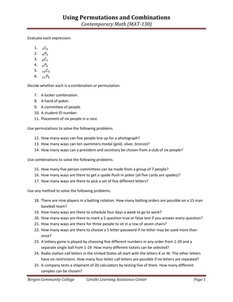 Permutations And Combinations Worksheet