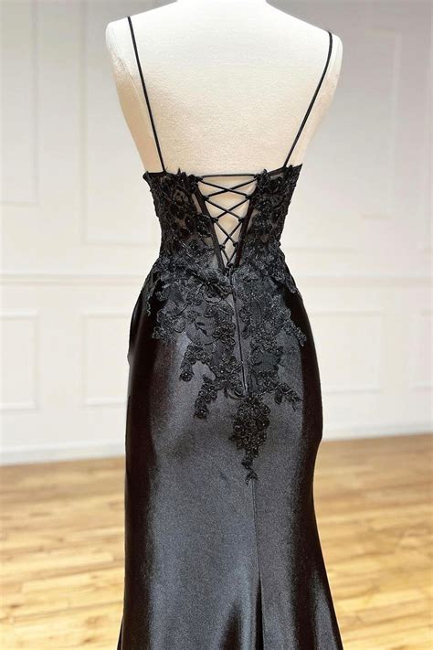 Black V Neck Lace Long Formal Dress Black Spaghetti Strap Evening Gow