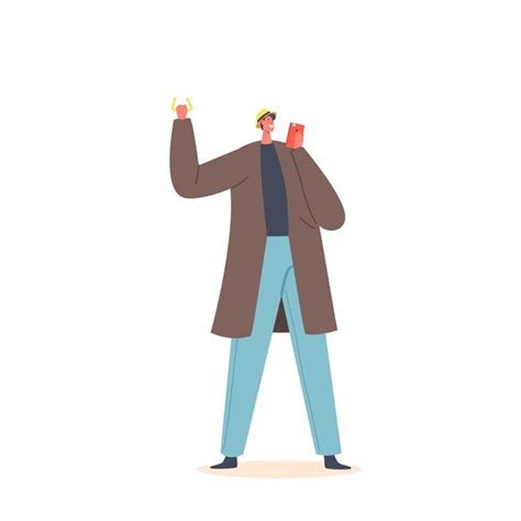 흰색 배경에 고립 된 지하철 대중 교통에서 난간을 들고 스마트폰으로 젊은 남자 프리미엄 벡터