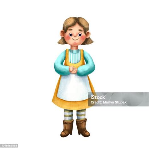 마을 아이의 귀여운 그림 재밌는 어린 소녀 초등학생 웃는 아기 초상화 귀여운 만화 캐릭터 손으로 그린 예술 스타일 귀여운 흰색 앞치마 작은 아가씨 서있는 소녀 가공의 인물에
