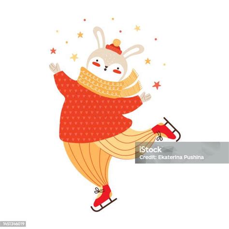 귀여운 토끼 아이스 스케이팅 재미있는 만화 캐릭터 토끼는 별 모양의 구불 구불 한 것을 던집니다 흰색 배경에 격리된 따뜻한 겨울