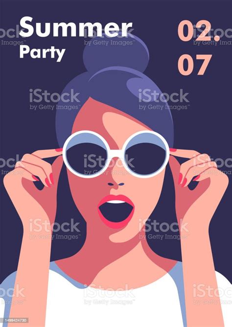 여름철 휴가 파티 및 여행의 개념입니다 미니멀리즘 스타일의 벡터 그림입니다 팝 아트에 대한 스톡 벡터 아트 및 기타 이미지 팝 아트 사람 얼굴 여자 Istock
