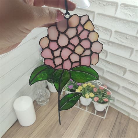 Stained Glass Hydrangea Pink Hydrangea Floral Stained Glass Etsy
