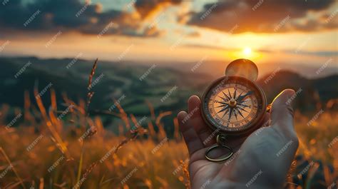 A Hand Holding A Compass And A Sunset In The Background Premium Ai