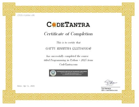 Python Programming Codetantra Certificate Coding Rishitha Gattu