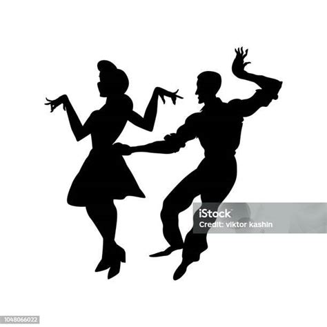 남자와 여자는 그네 Lindy 홉 사회 춤 춤의 실루엣 흑인과 백인 이미지 흰색 배경에 고립 벡터 일러스트입니다 1950 1959 년에 대한 스톡 벡터 아트 및 기타 이미지