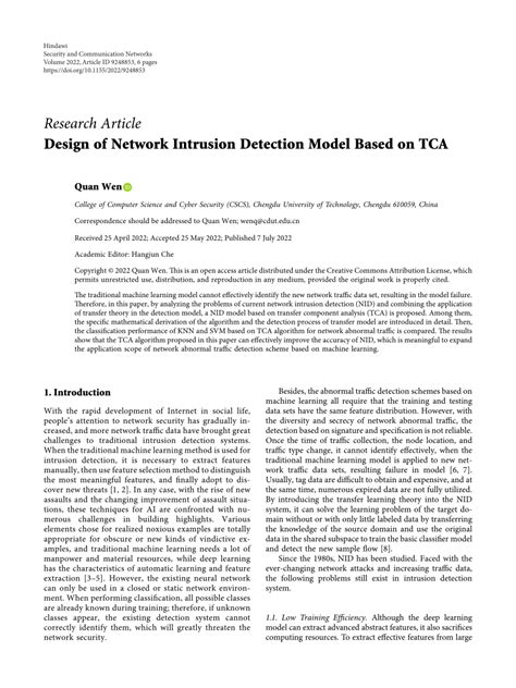 Pdf Design Of Network Intrusion Detection Model Based On Tca