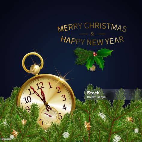 녹색 소나무 가지 황금 시계 장식 크리스마스 나무 가지를 흐리게 벡터 그림입니다 크리스마스 카드 배너 전단지 파티 포스터 헤더에