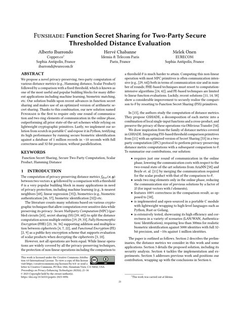 Pdf Funshade Function Secret Sharing For Two Party Secure Thresholded Distance Evaluation