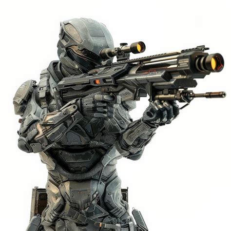 A Futuristic Sniper In Hightech Armor Holding A Sleek Advanced Sniper Rifle With A Digital Scope