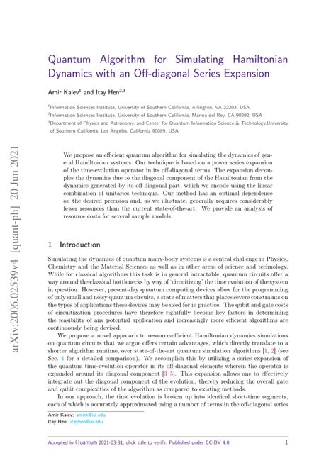 pdf quantum algorithm for simulating hamiltonian dynamics with an off