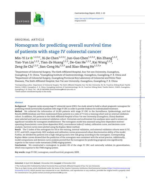 Pdf Nomogram For Predicting Overall Survival Time Of Patients With Stage Iv Colorectal Cancer