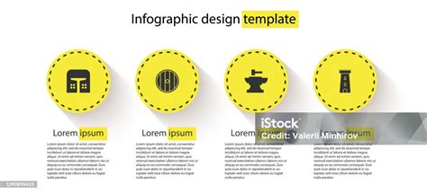 중세 철 헬멧 둥근 나무 방패 대장장이 망치와 성 타워에 대한 모루를 설정합니다 비즈니스 인포그래픽 템플릿입니다 벡터 대장장이에 대한 스톡 벡터 아트 및 기타 이미지