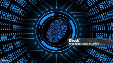 지문 로고는 정보 연결 라인과 Hud 요소에 중심 실린더 모양으로 배열 된 이진 코드 검은 색 배경에 파란색의 그래픽 요소 생체 인식 권한 부여 스캔 3차원 형태에 대한