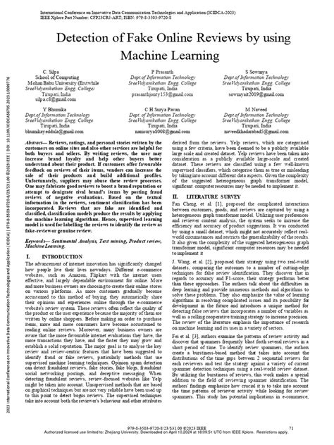 Detection Of Fake Online Reviews By Using Machine Learning Pdf Statistical Classification